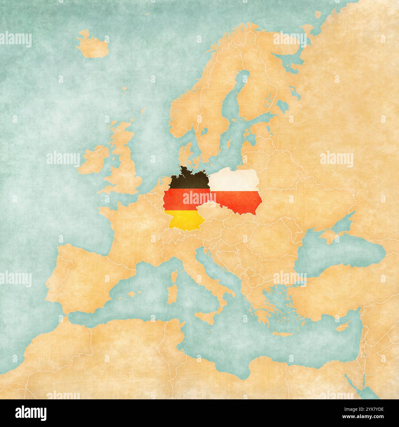 Germany and Poland on the map of Europe in soft grunge and vintage ...