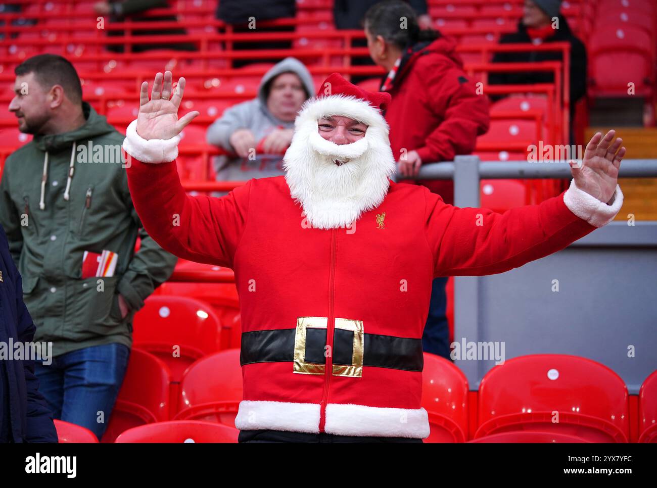 A fan dressed as Santa Claus in the stands ahead of the Premier League ...