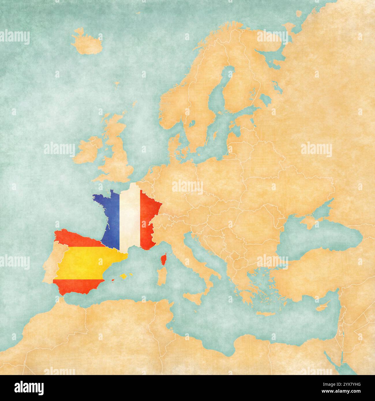 France and Spain on the map of Europe in soft grunge and vintage style ...