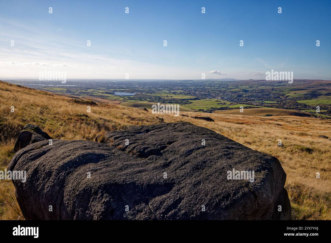 The dark nature sculptured rocks of Blackstone Edge, Rochdale, England ...
