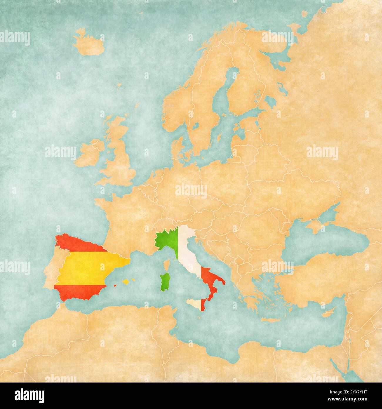 Spain and Italy on the map of Europe in soft grunge and vintage style ...