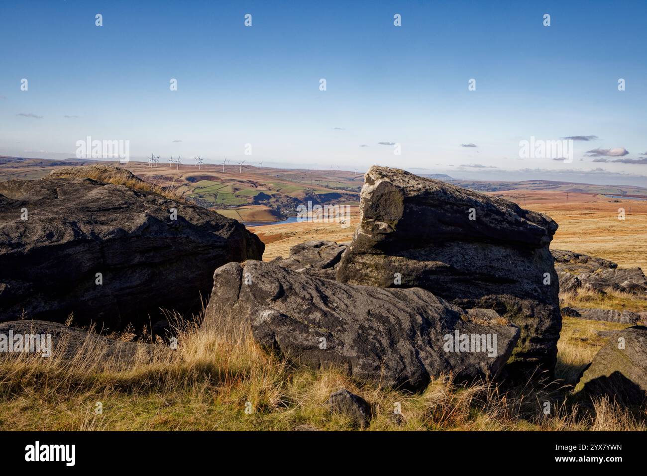 Gritstone boulders litter the upland pasture at Blackstone Edge ...