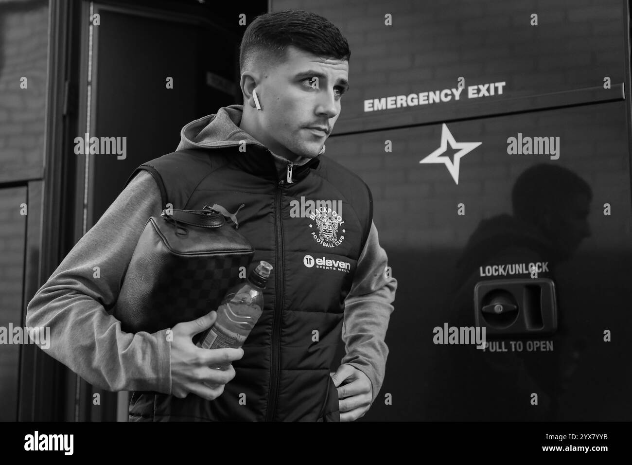 Albie Morgan of Blackpool arrives at the Select Car Leasing Stadium ...