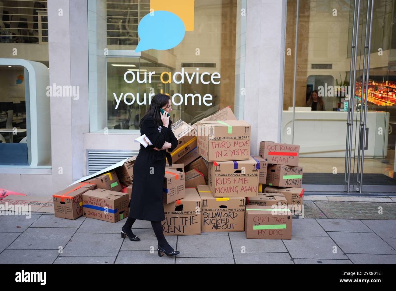 Empty cardboard boxes outside Foxtons in London, following a protest ...