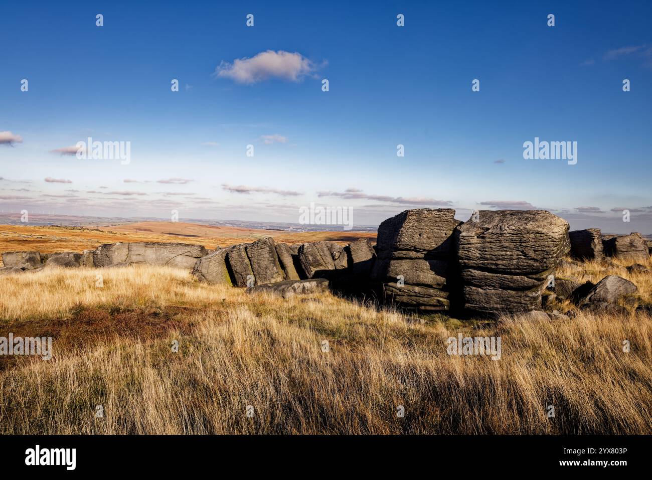 Gritstone boulders litter the upland pasture at Blackstone Edge ...
