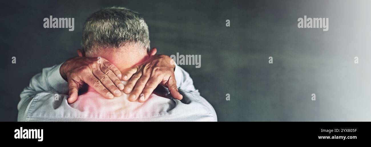 Stress, neck pain and back of business man in studio with tension for ...