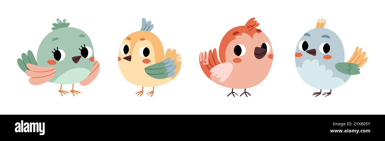 Set of cute round bird characters.Spring cute birds with red cheeks ...