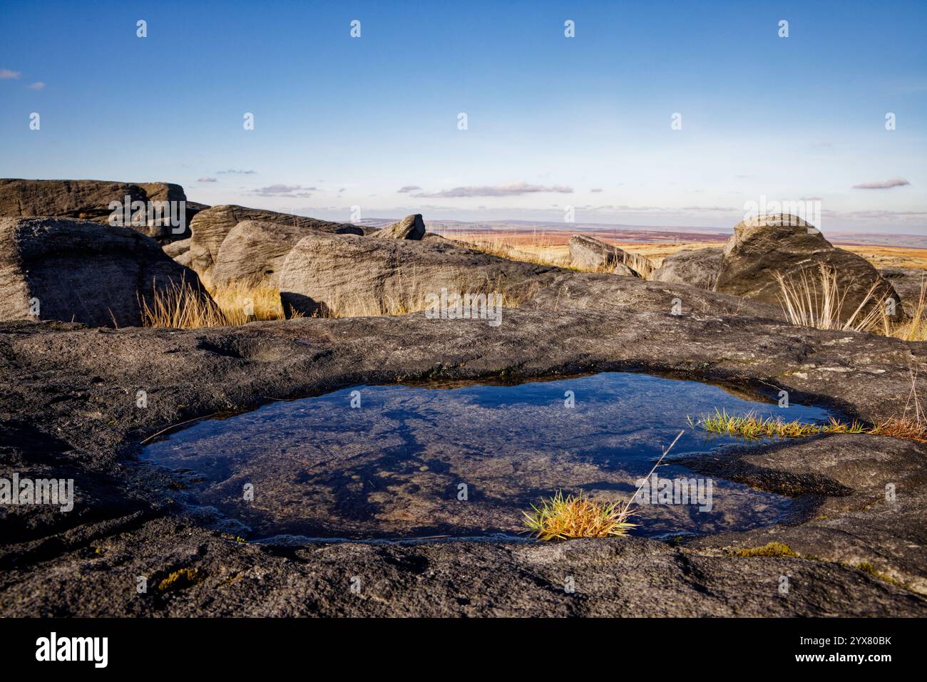 Small pool of water in a depression of the gritstones of Blackstone ...
