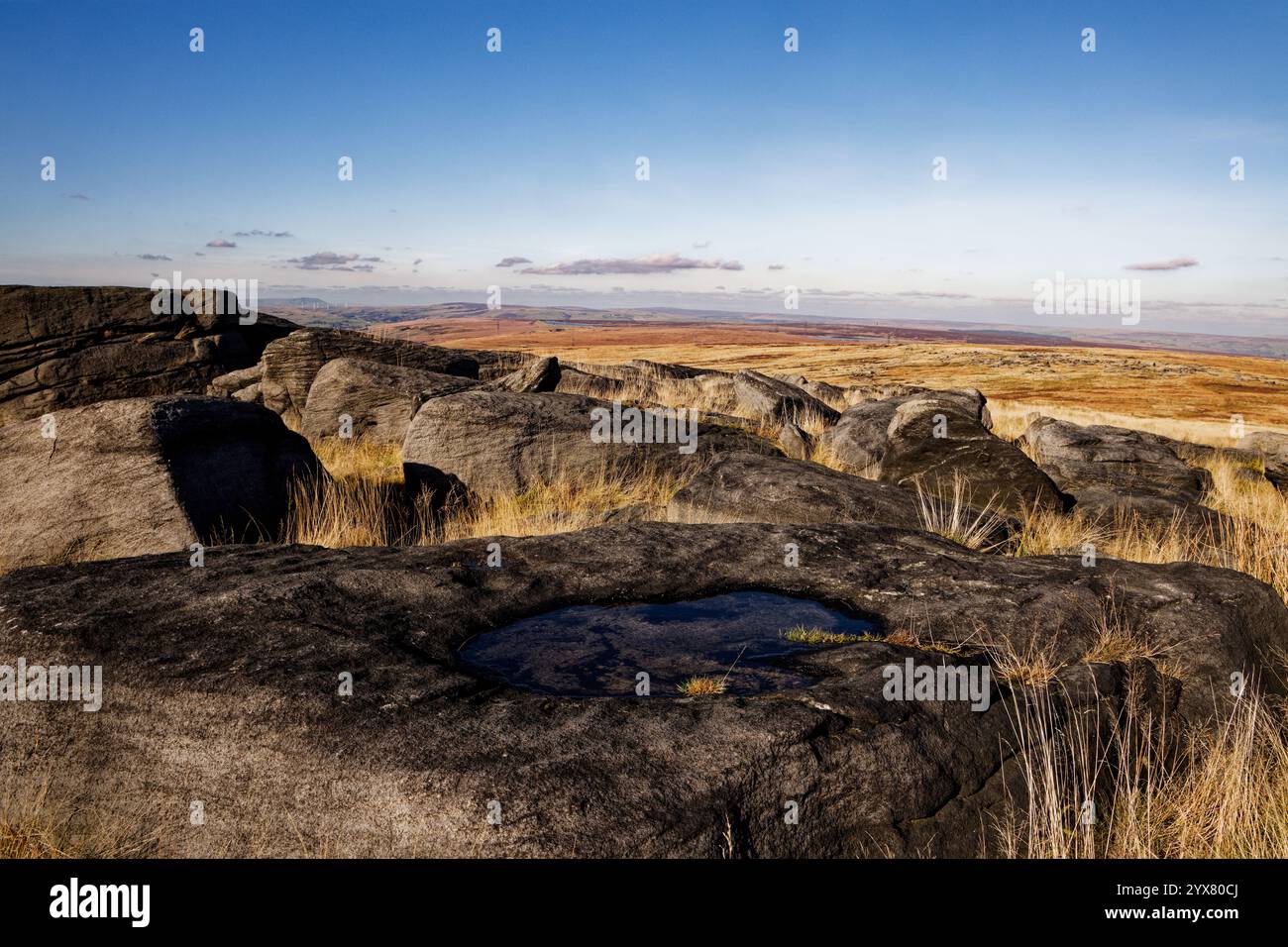 Small pool of water in a depression of the gritstones of Blackstone ...