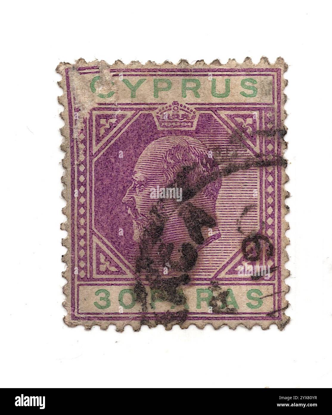 A vintage King Edward VII postage stamp from Cyprus isolated on a white ...