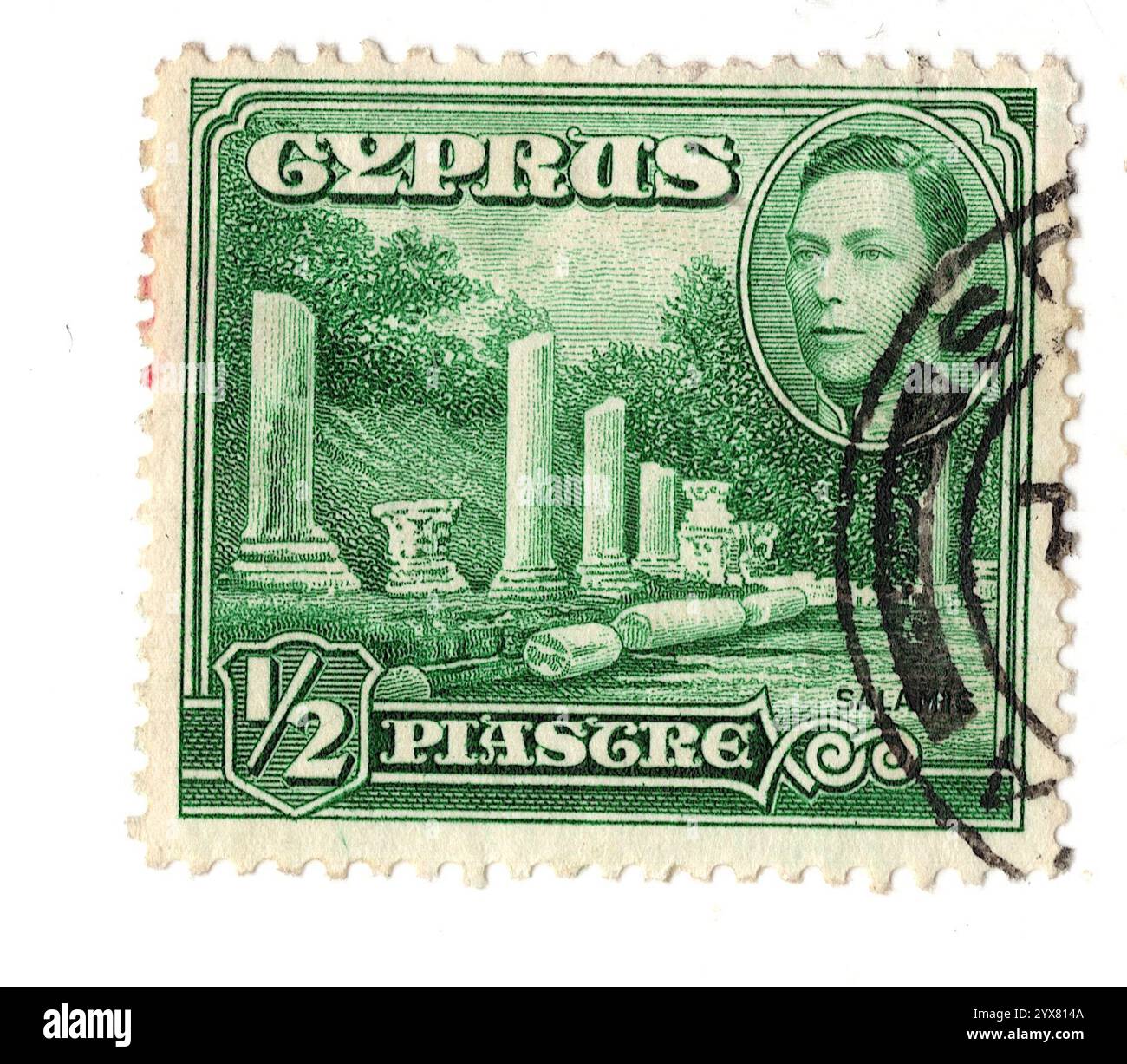 A vintage King George VI postage stamp from Cyprus isolated on a white ...