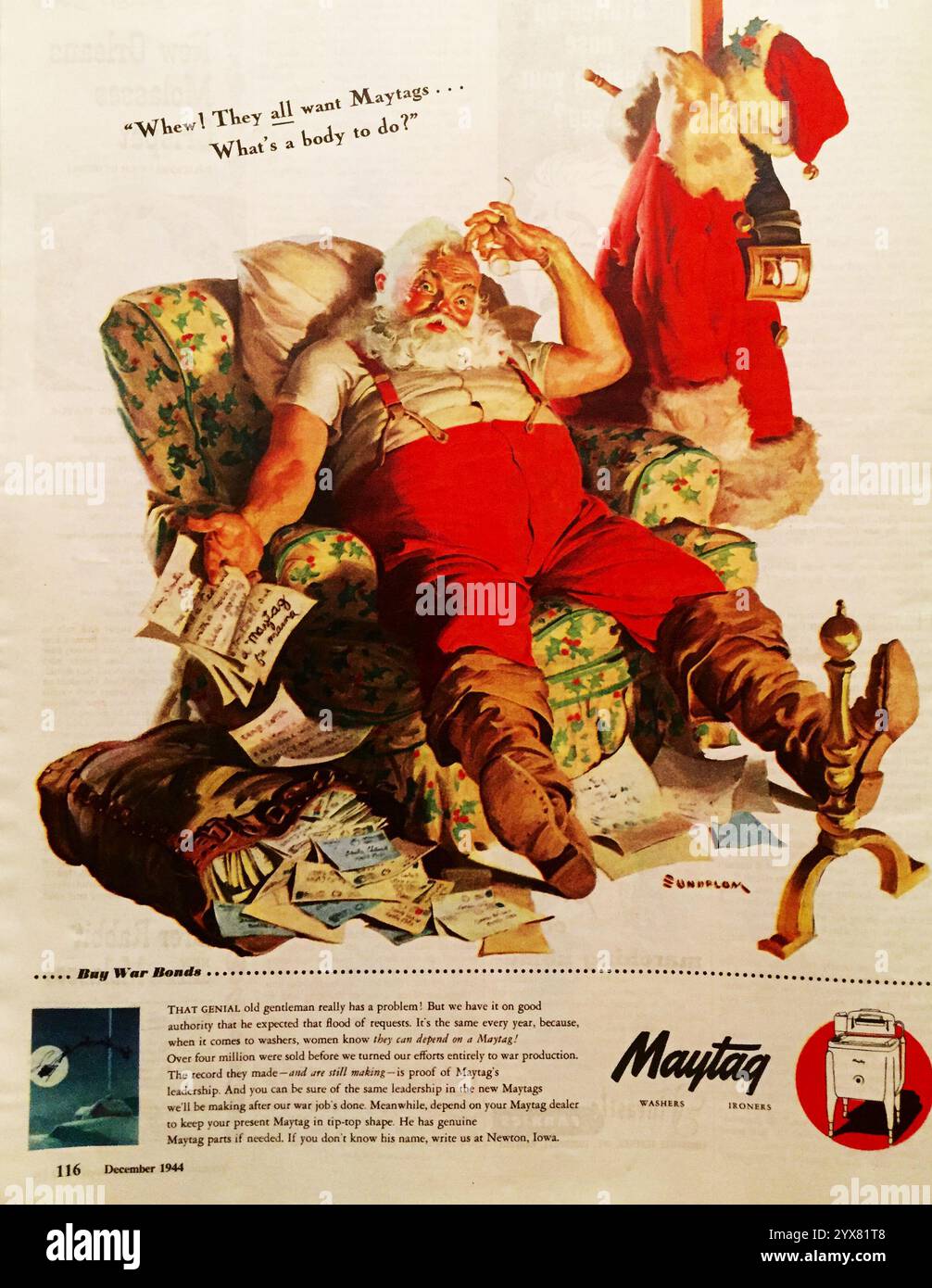 1944 WW2 Maytag Appliances Ad with an artwork by Haddon Sundblom Stock ...