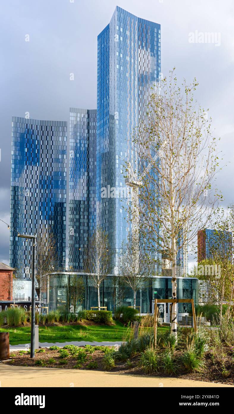 Three of the Deansgate Square tower blocks. From the public realm area ...