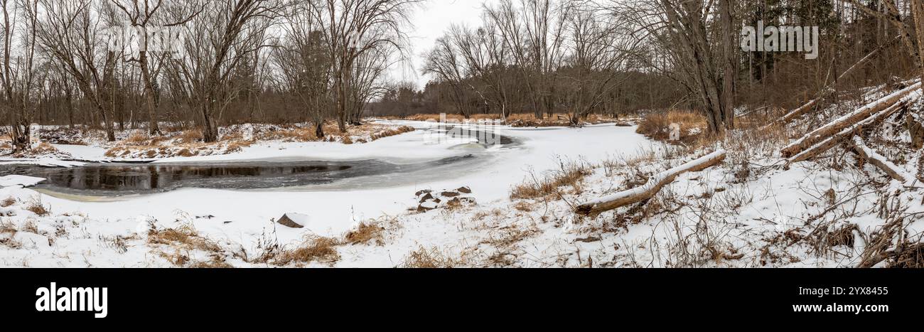 Big Rib River partially frozen in central Wisconsin, panorama Stock ...