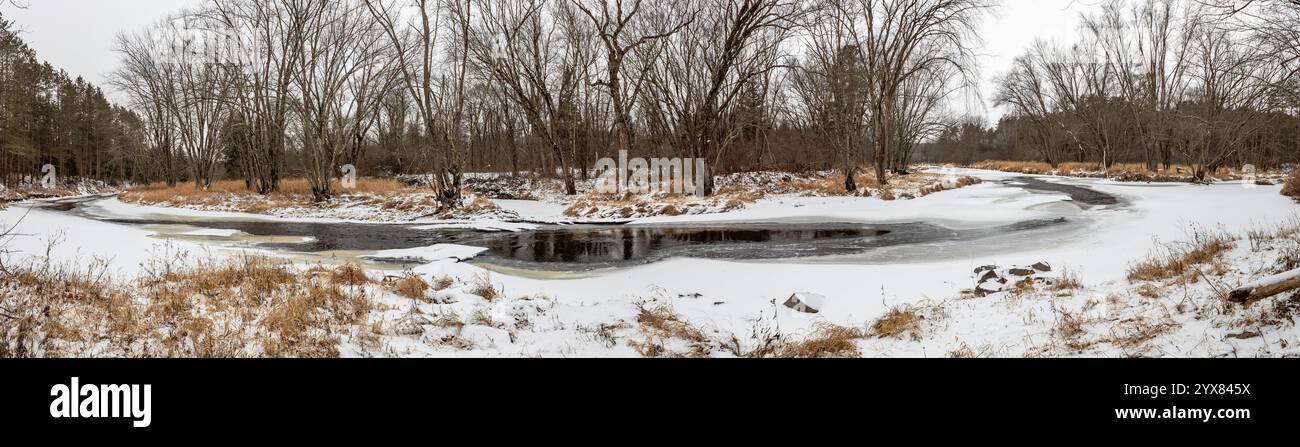 Big Rib River partially frozen in central Wisconsin, panorama Stock ...