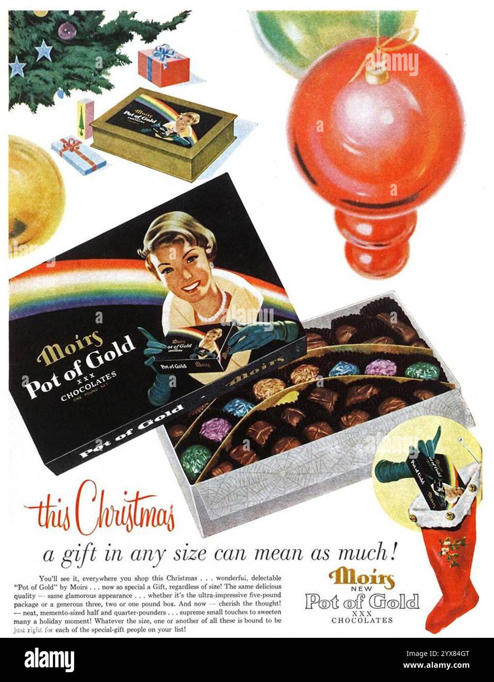 1950s Moir's Pot of Gold Chocolate Christmas Holiday ad Stock Photo - Alamy