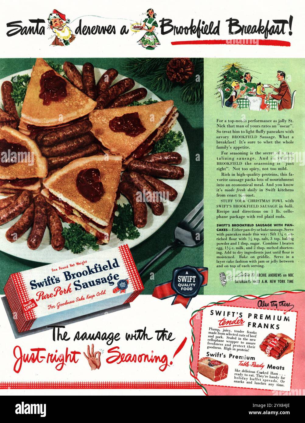 1947 Swift's Brookfield Pork Sausage Christmas Ad - "Santa deserves a ...