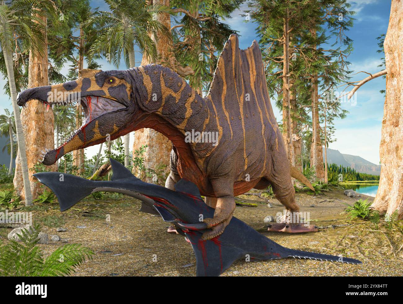 Dinosaur predator Spinosaurus attacking a Onchopristis sawfish, 3d ...