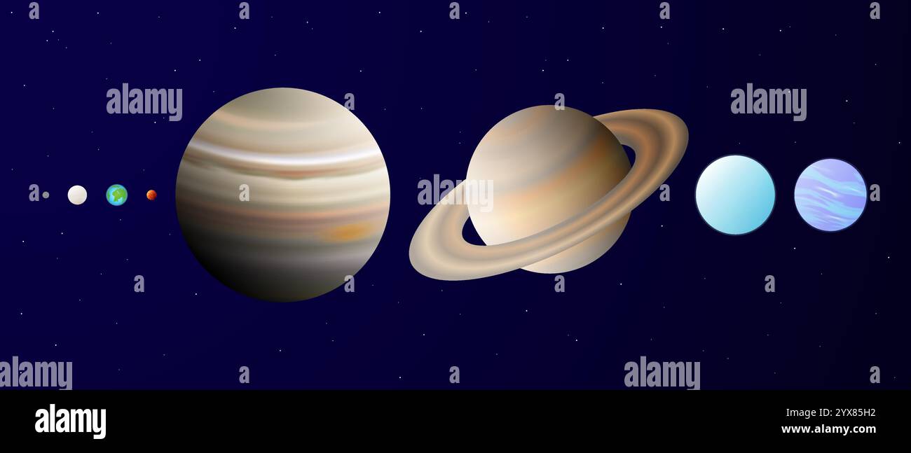 Realistic Proportions or Size of the Planets of the Solar System. Mercury, Venus, Earth, Mars ...