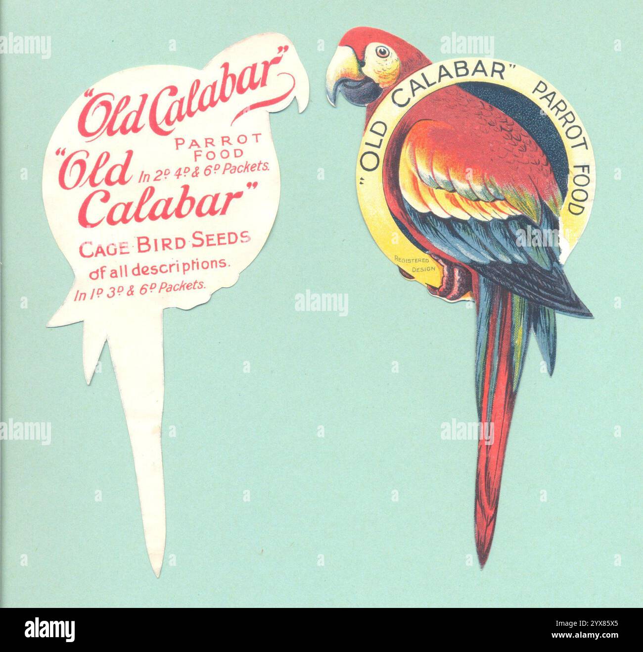 Chromolithographed die cut advertisement for Old Calabar Parrot food ...