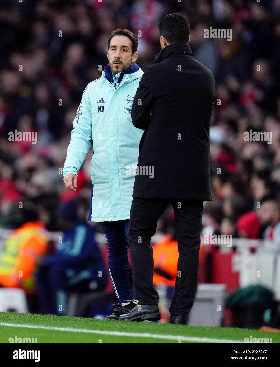 Arsenal manager Mikel Arteta with set piece coach Nicolas Jover during ...