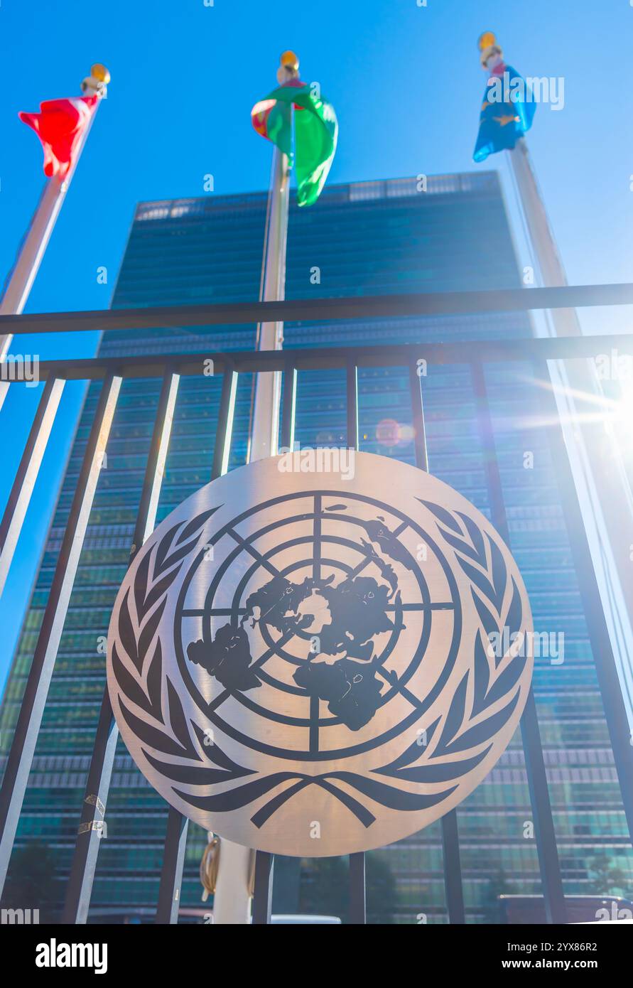 New York, USA - 08 October 2024: UN logo with some flags and the UN ...