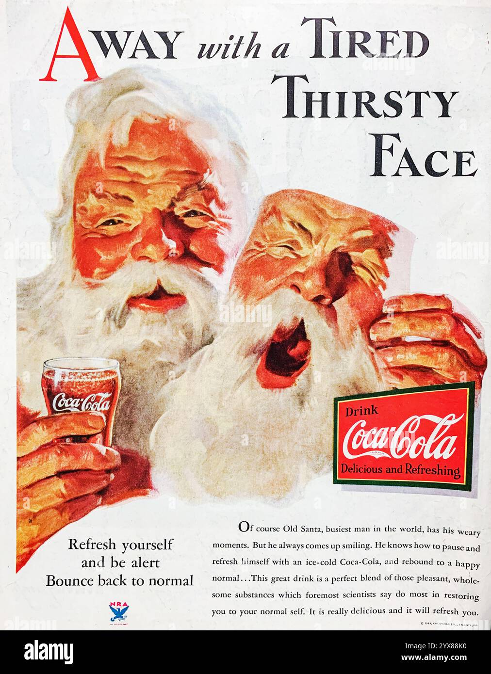 1933 Coca-Cola Christmas Print Ad - "Away with a tired thirsty face ...
