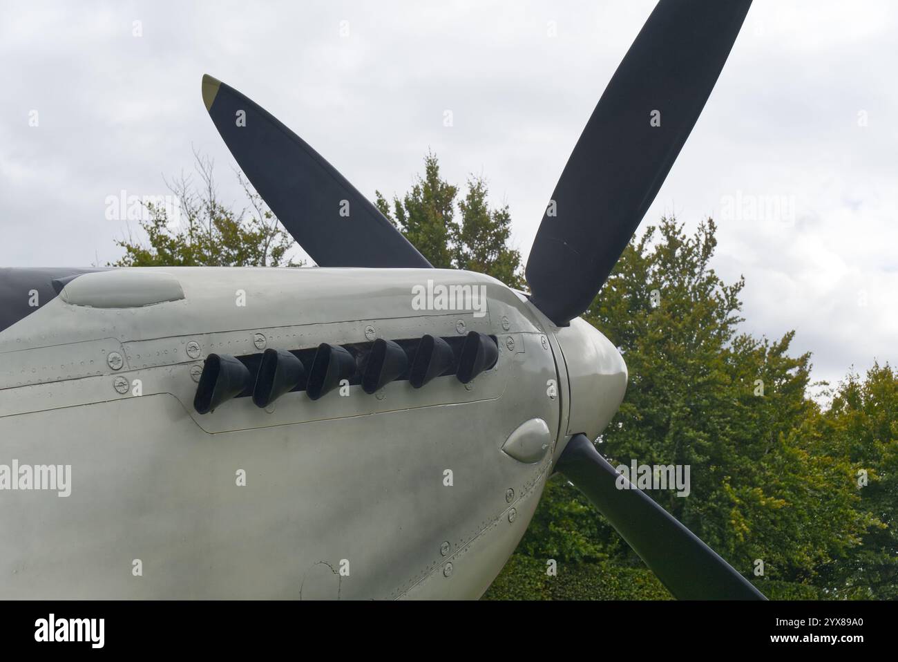 Engine cowling, exhaust outlets and propeller on Supermarine Spitfire aircraft Stock Photo - Alamy