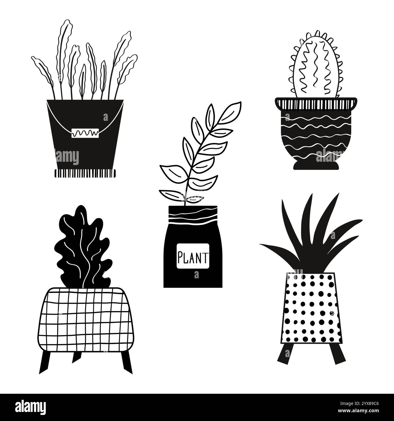 A set of indoor plants, in black and white. It is made in the style of ...