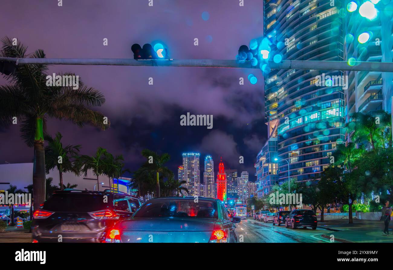 Traffic in downtown Miami on a rainy night. Florida, USA Stock Photo ...