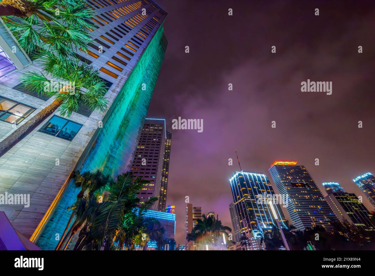 Colorful skyscrapers and dark sky in downtown Miami at night. Florida ...