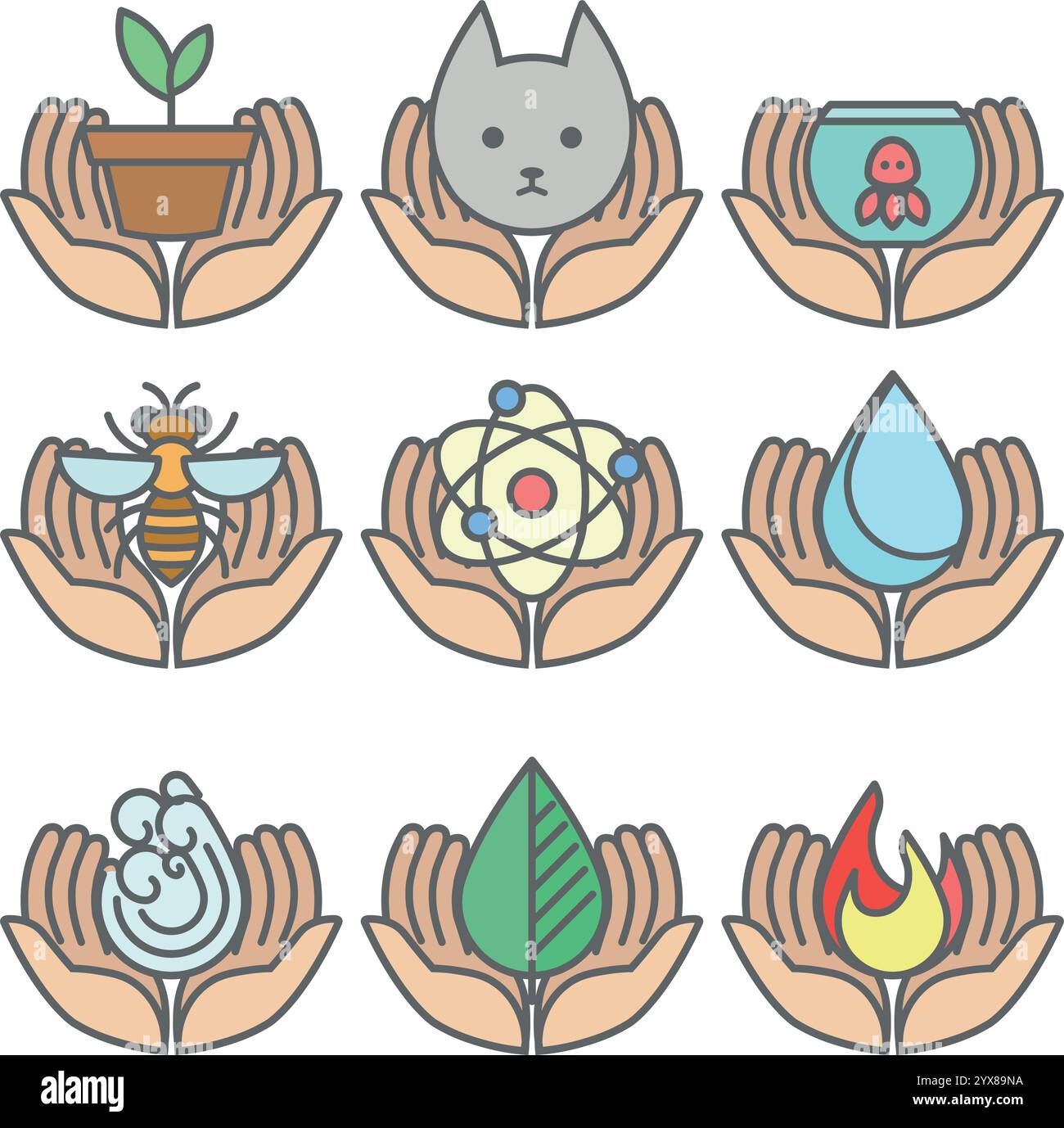 Set of nurturing vector icons with hands holding various symbols ...