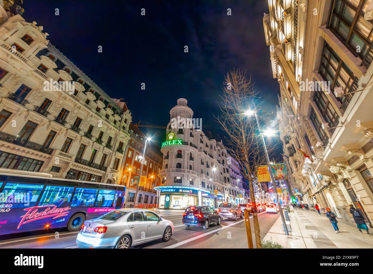 Madrid, SPAIN - Jan 12th, 2020: Traffic jam in downtown Madrid at night ...