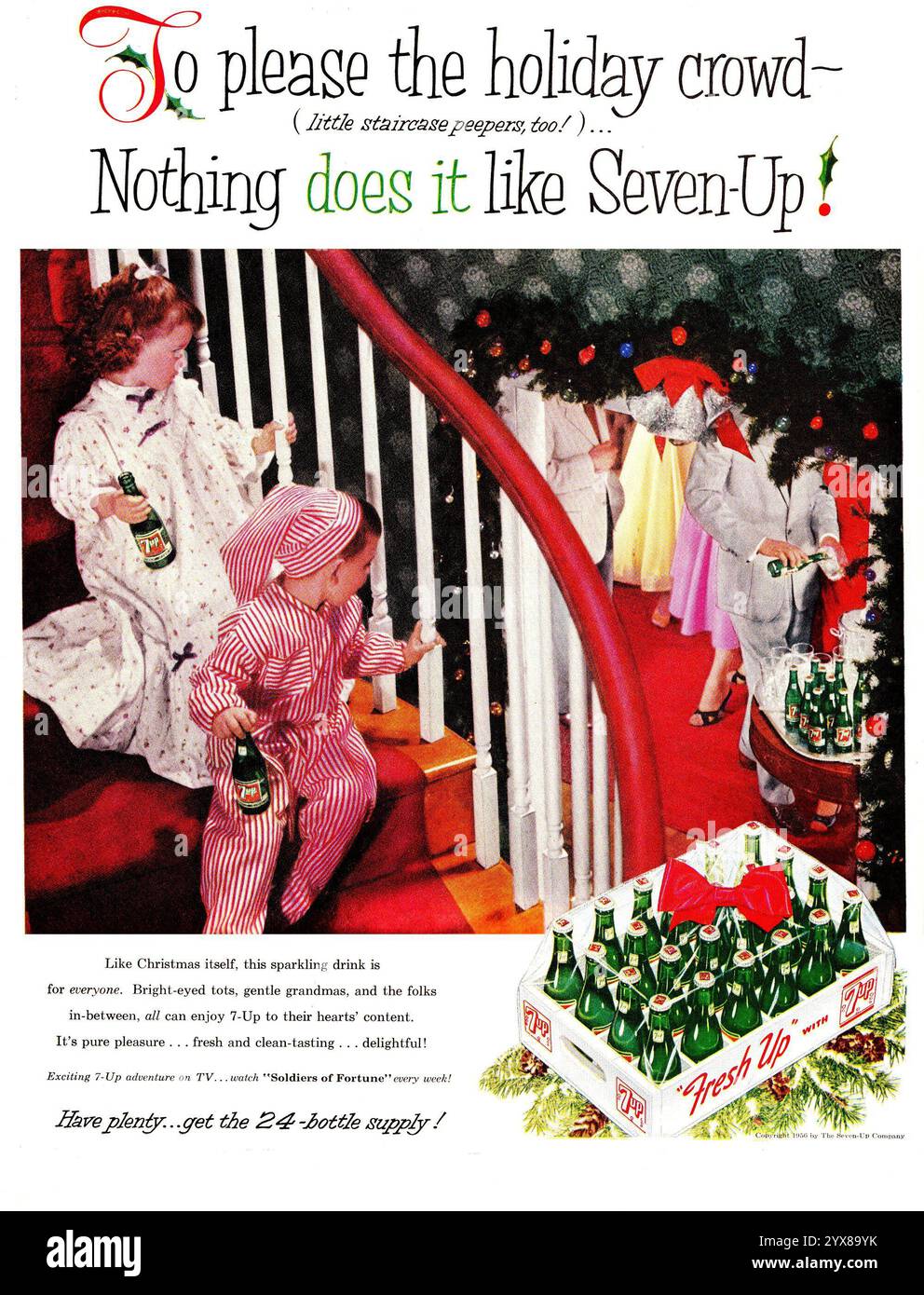 1956 7-Up Christmas Ad Kids in Pajamas Spying on Christmas Party Stock ...