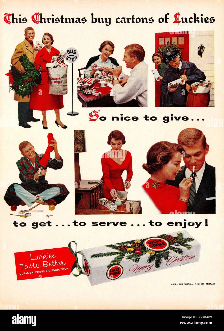 1956 Lucky Strike Cigarettes Ad - Christmas Cigarette Cartons Stock ...