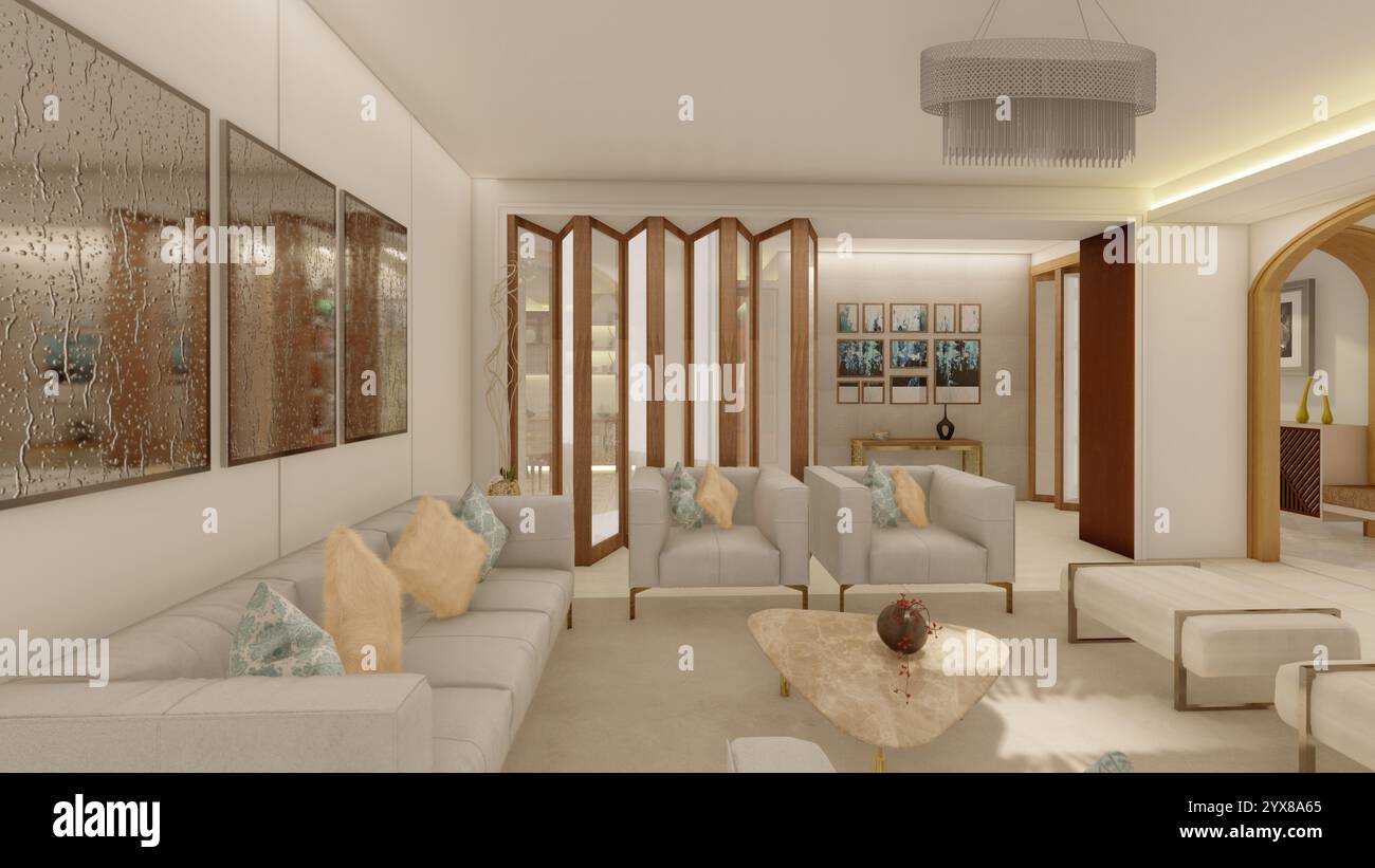 Elegant Living Room Design with Ambient Lighting and Wooden Accents ...