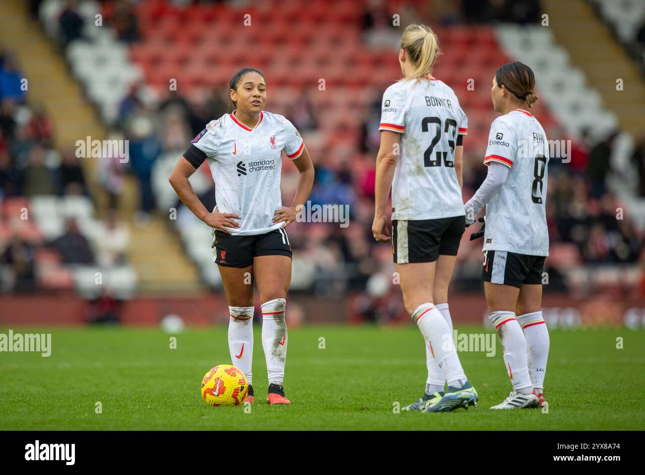 Leigh, England, 8th December 2024 Olivia Smith (11 Liverpool) speaks to ...
