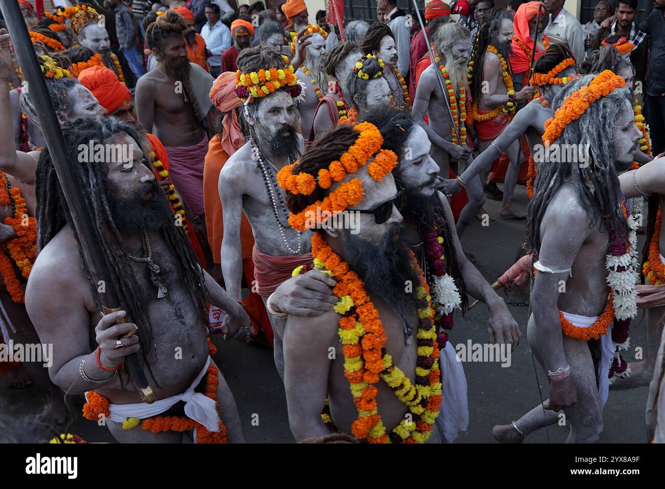 Prayagraj, India. 14 Dec 2024, Naga sadhus take part in a procession ...