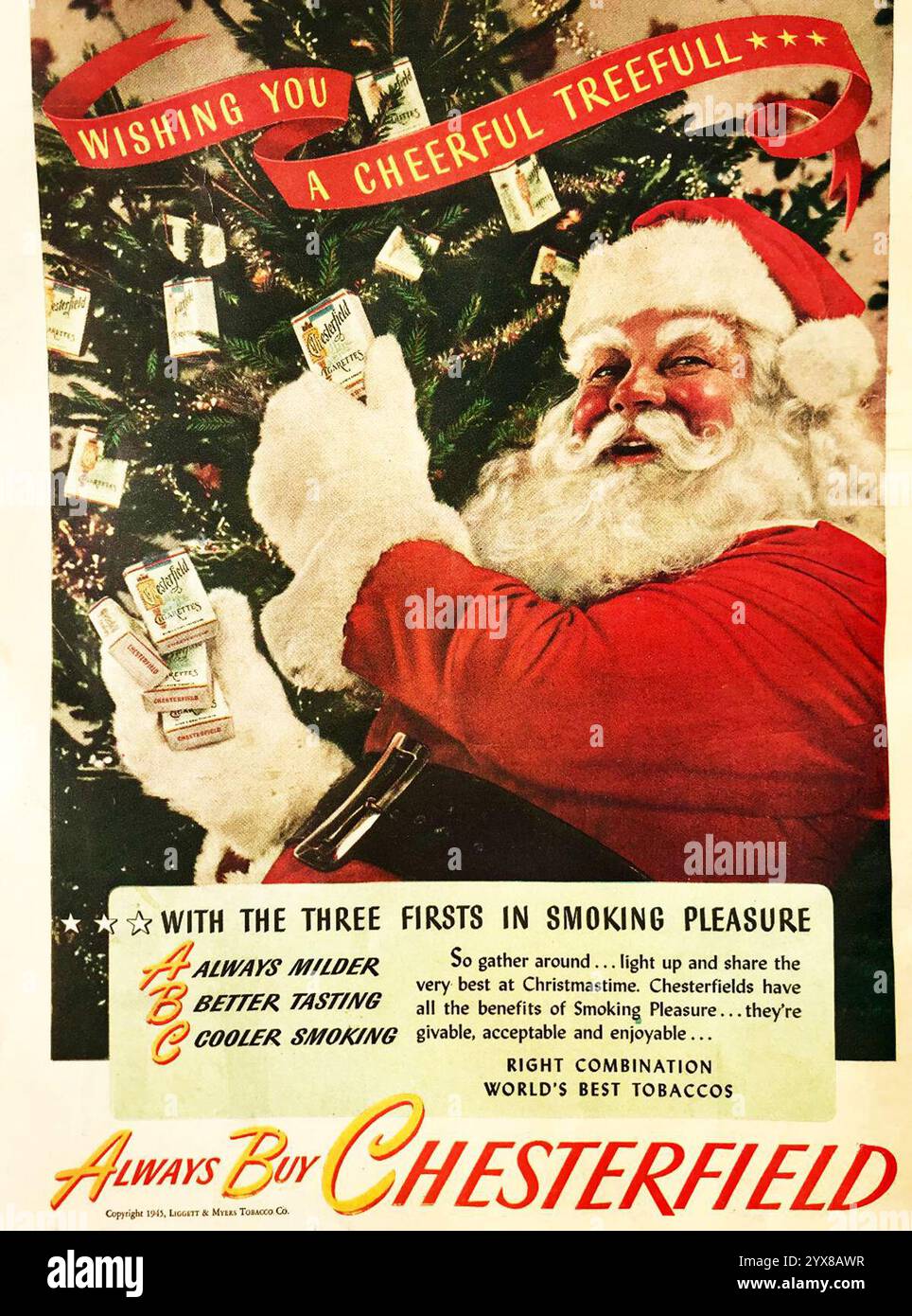 1945 Chesterfield cigarettes Christmas Ad showing Santa Claus ...