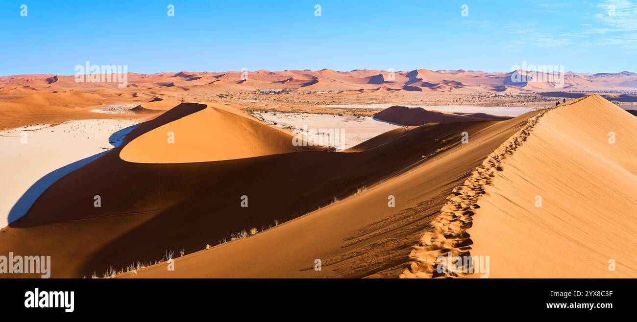 A high-resolution panoramic image of dunes, and footsteps on the ridge ...