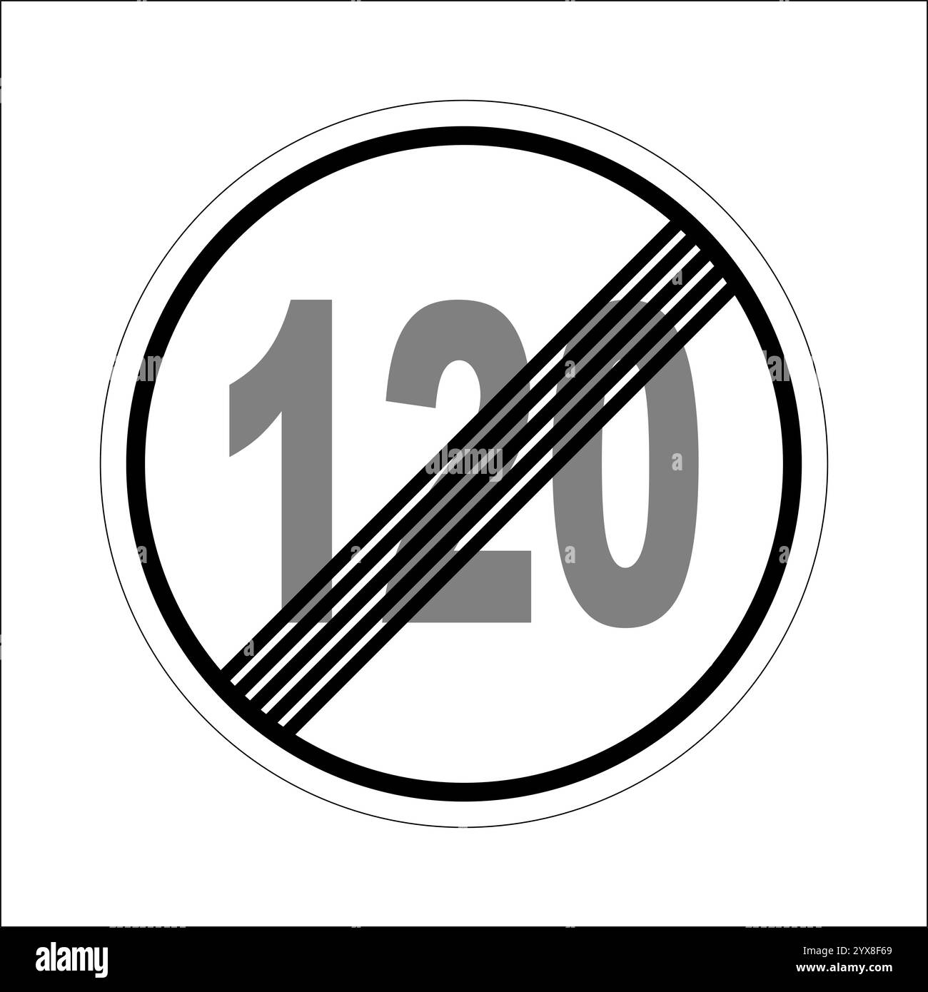 Round traffic sign indicating the end of 120 kilometers per hour speed limit, isolated over a ...