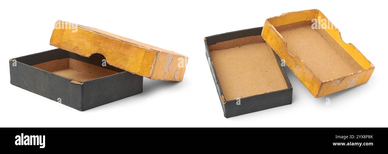 set of old and worn out small rectangular cardboard box with yellow lid ...