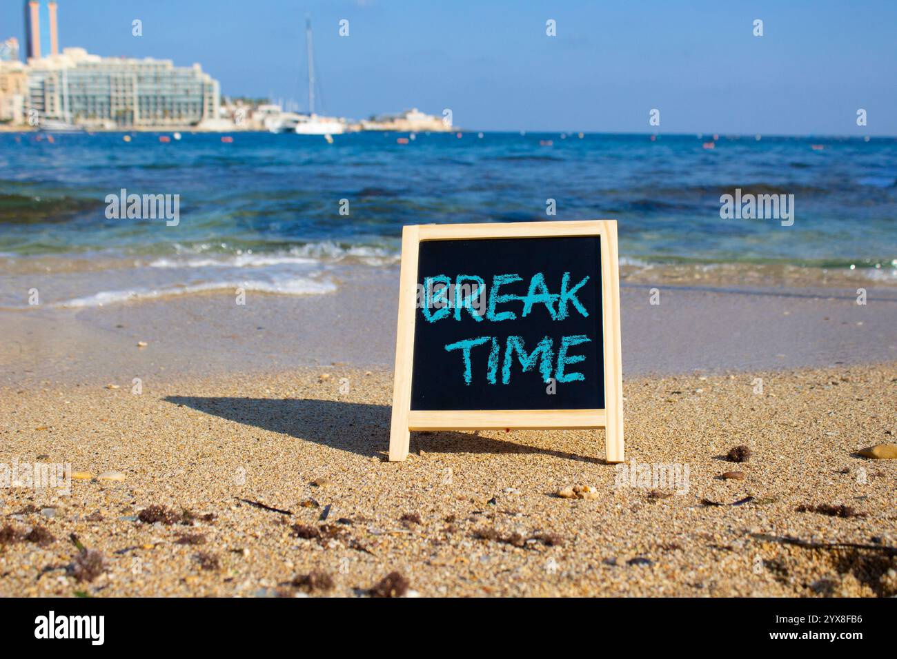 Break Time symbol. Break Time black chalk blackboard. Beautiful sea ...
