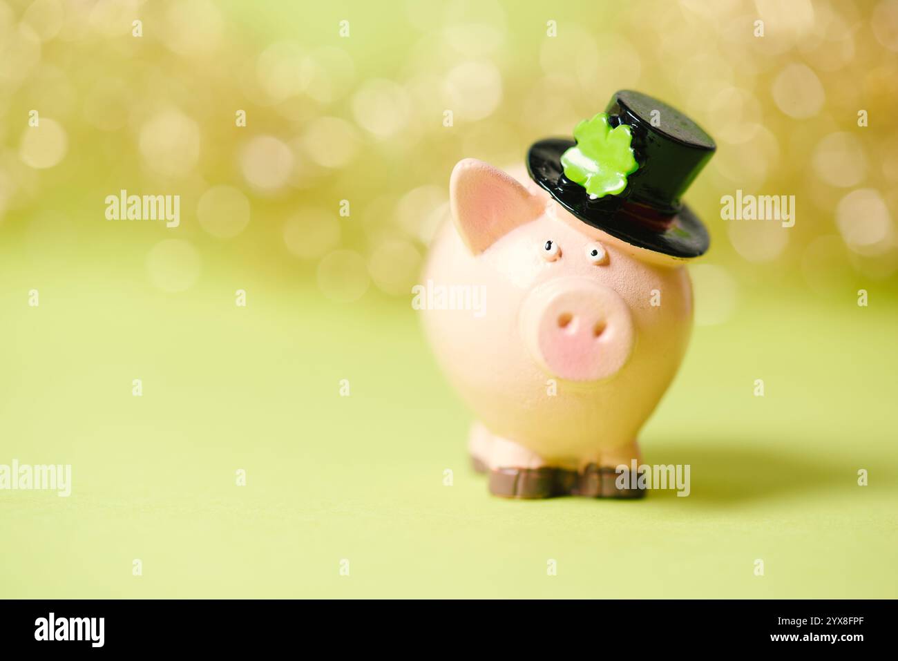 Lucky pig with shamrock, celebrate happy new year, bokeh lights, good ...