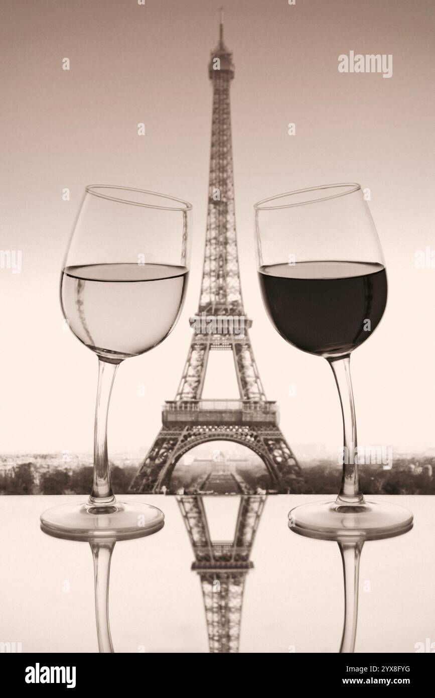 PARIS RETRO VINTAGE B&W WINE TABLE EIFFEL FUN VIEW 'Cheers' with red and white wine glasses ...