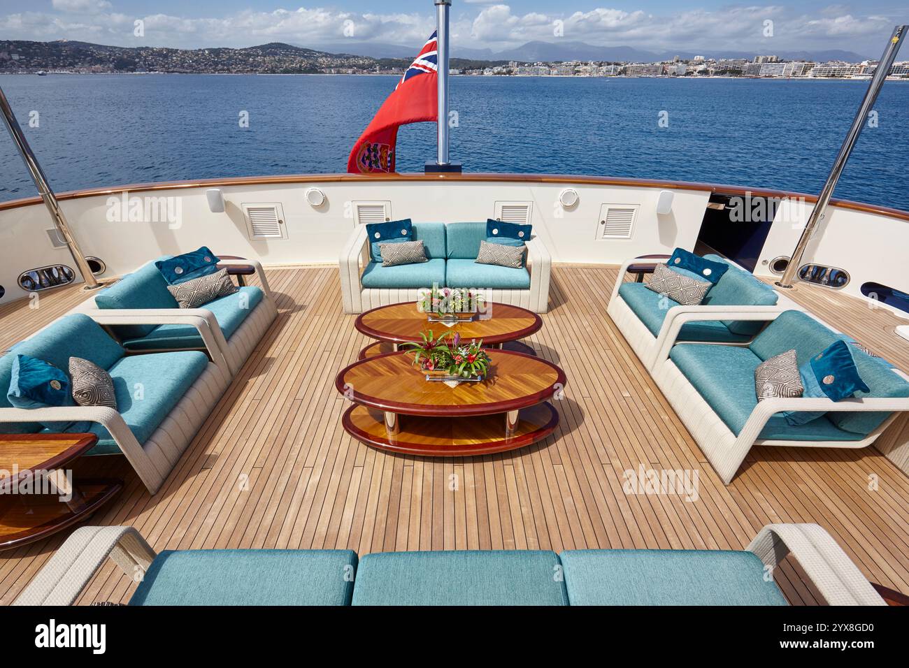 Luxurious teak Yacht Deck With Modern Outdoor Seating and Scenic Ocean ...