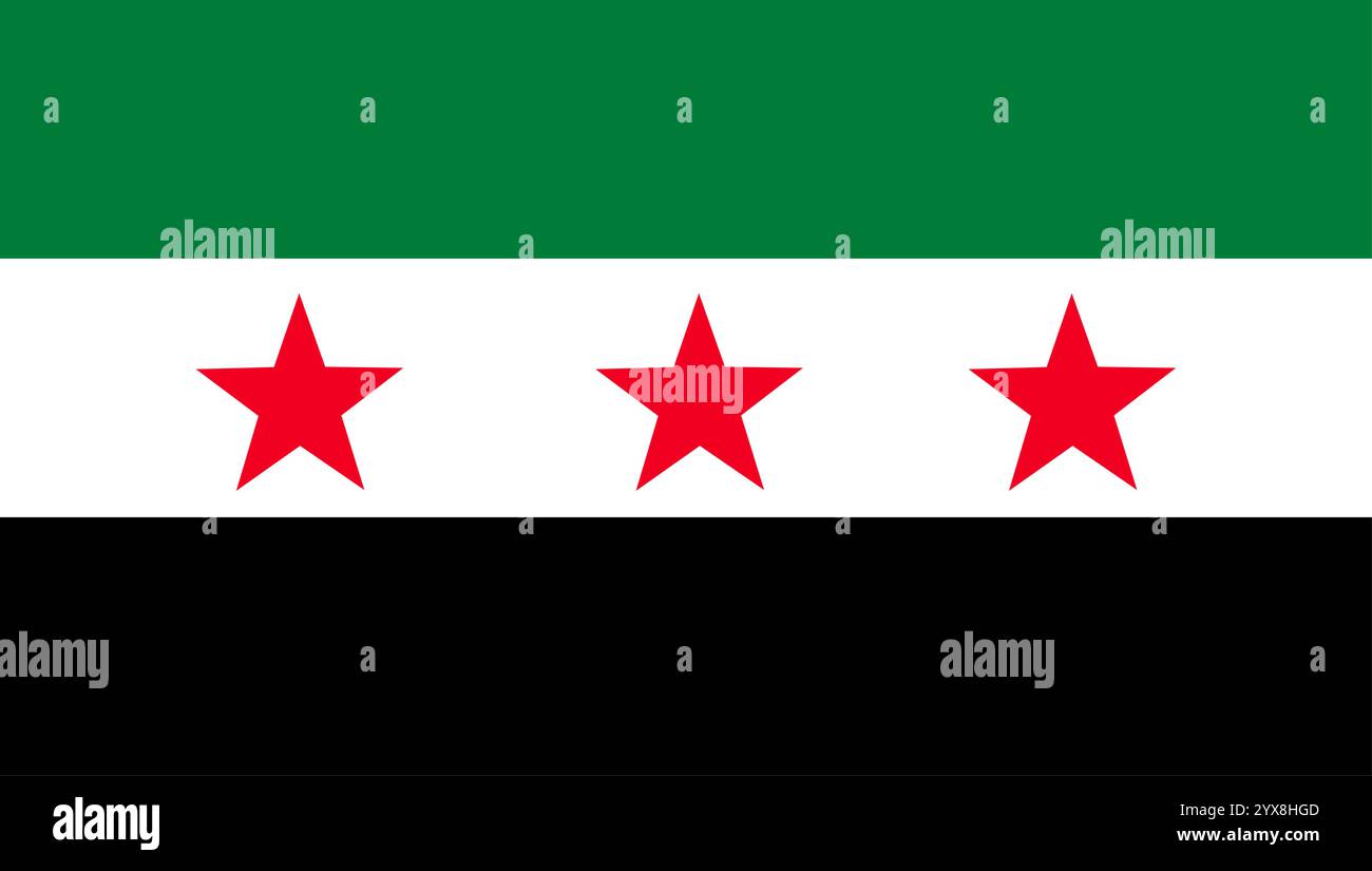 The new Syrian flag with green, white, and black horizontal stripes and ...