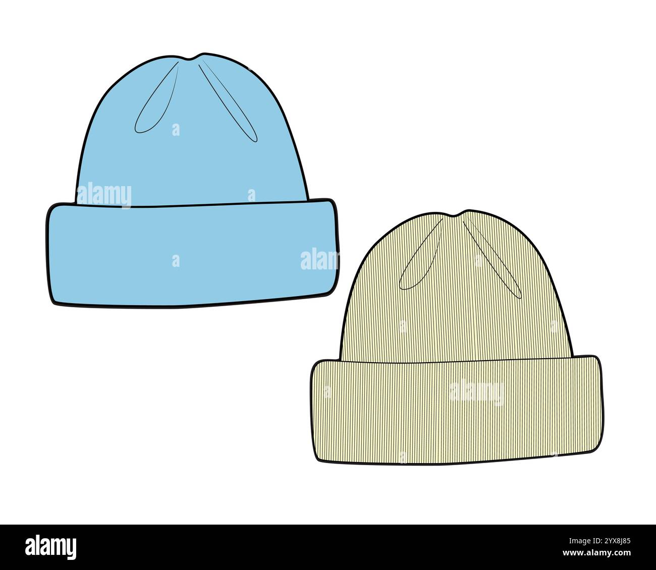 Rib knit beanie technical line drawing vector mockup template Stock ...