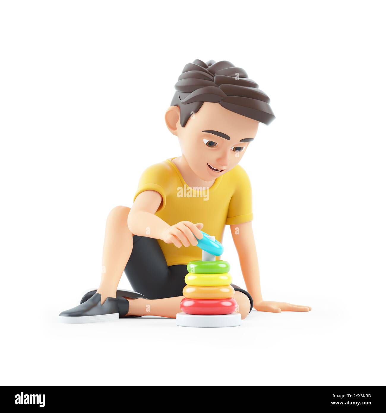 3d boy playing with ring stacker toy, illustration isolated on white ...