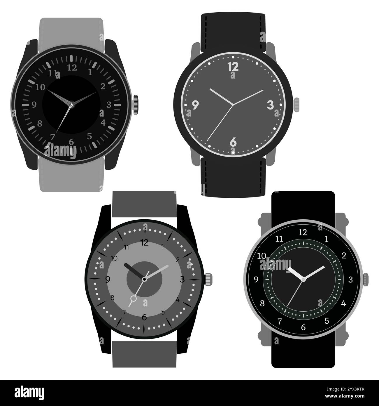 Set of four black and white watches on white background. Clock face ...